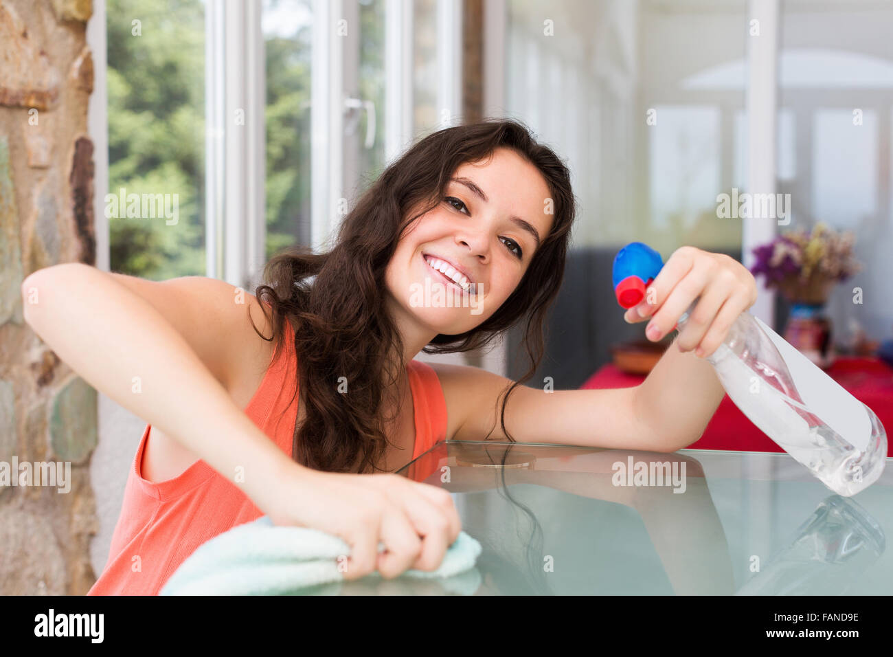 Happy brunette girl dusting glass table with rag and cleanser at home ...