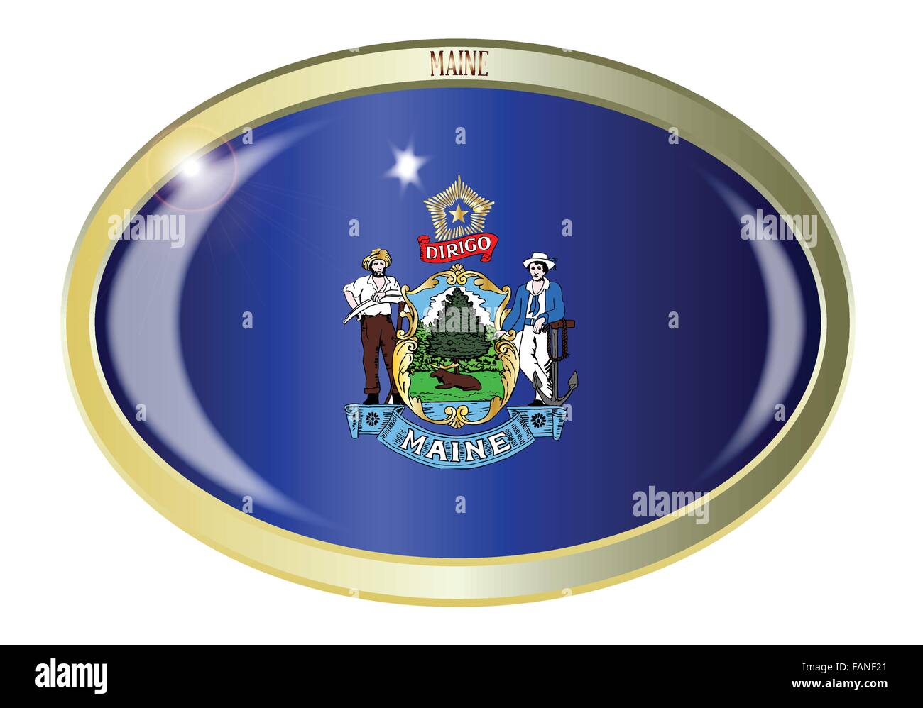 Oval metal button with the Maine state Flag isolated on a white ...