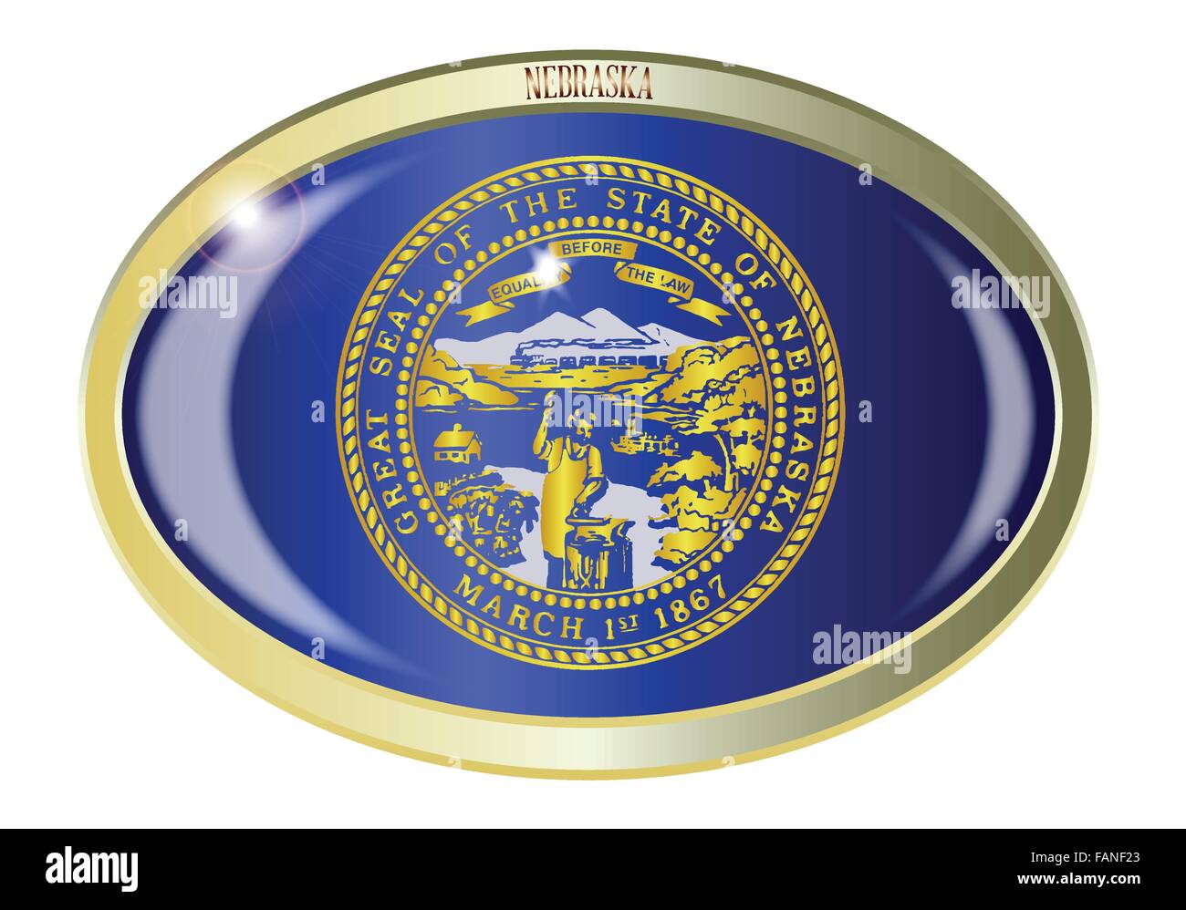 Oval metal button with the Nebraska state Flag isolated on a white ...
