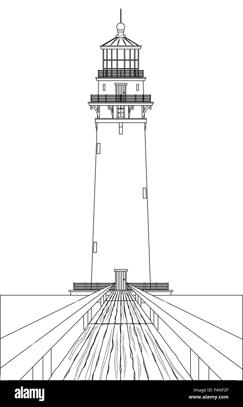 A lighthouse outline in clack and white and its well worn wooden ...