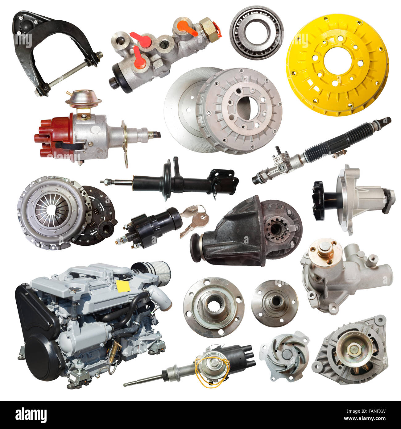 Set of motor and automotive parts. Isolated over white Stock Photo - Alamy