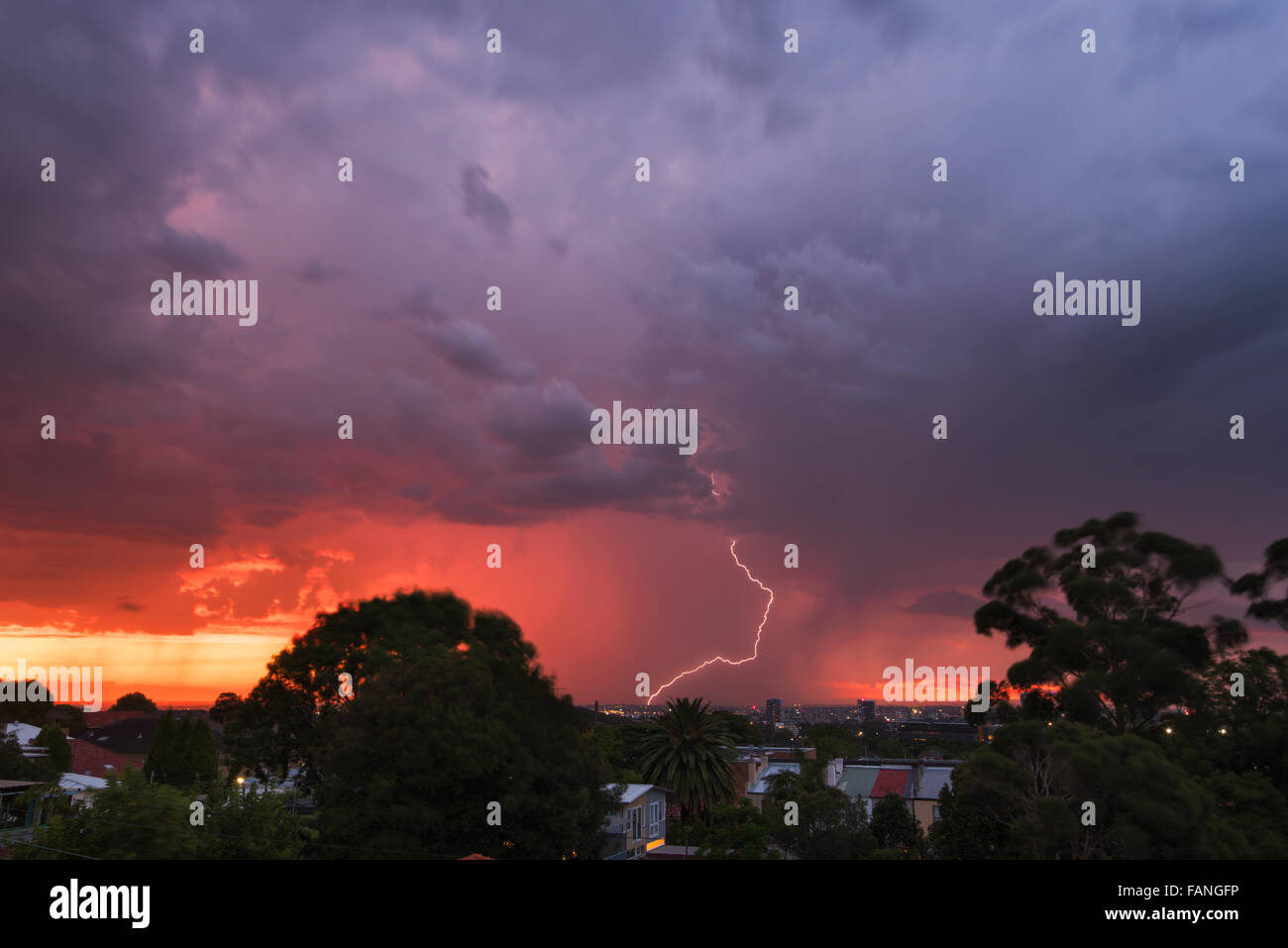 Thunderstorm with lightnings hitting the city during sunset with lots ...