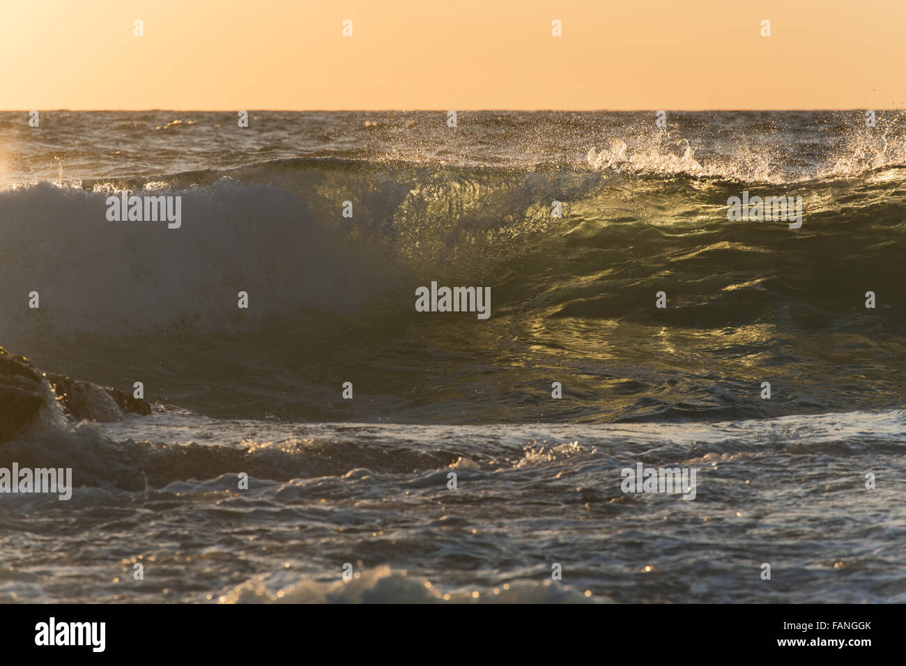 Big transparent ocean waves during sunrise with back light and green ...