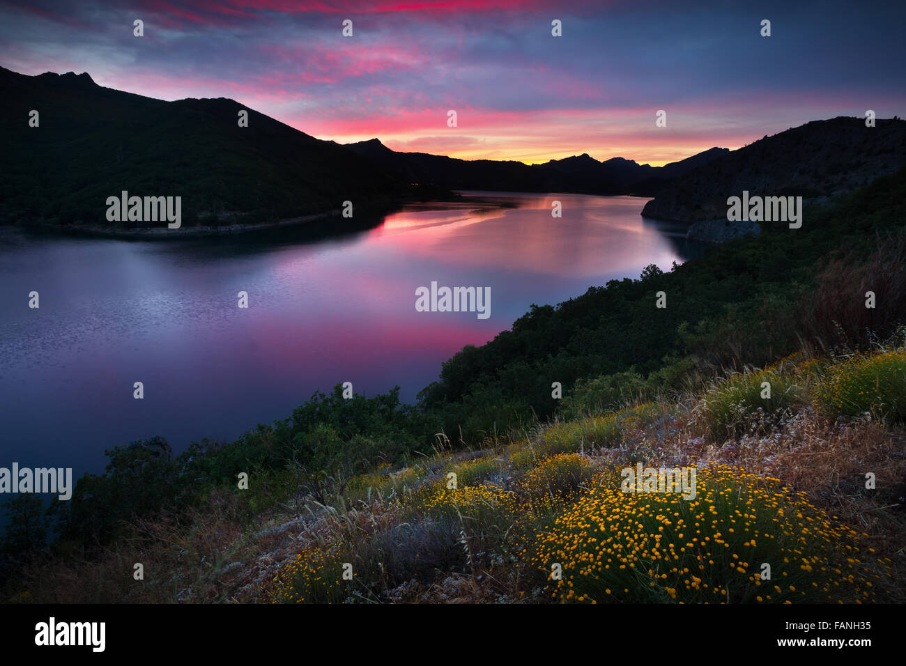 Summer mountains landscape with lake in sunset. Leon, Spain Stock Photo ...