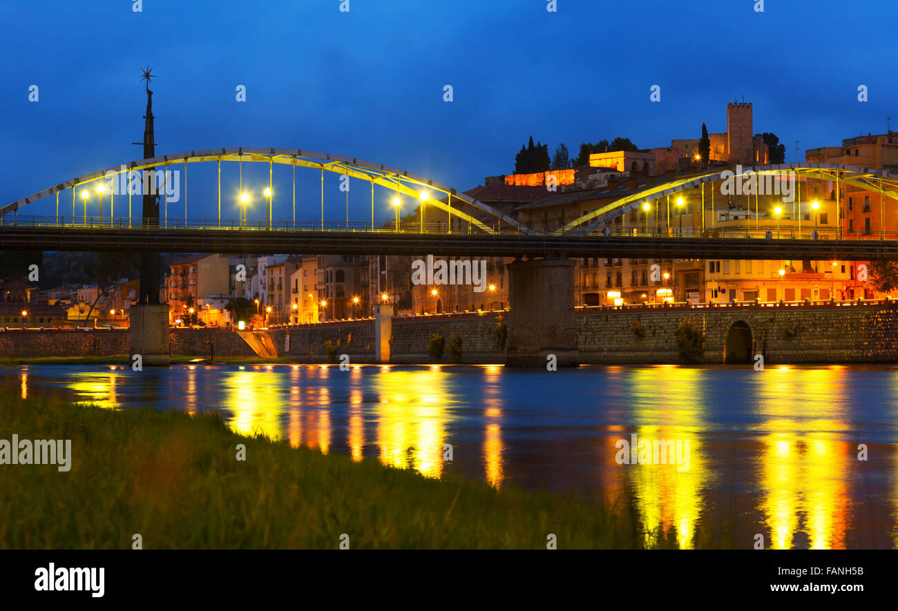 Evening view of Bridge called Pont de l'Estat over Ebro in Tortosa ...