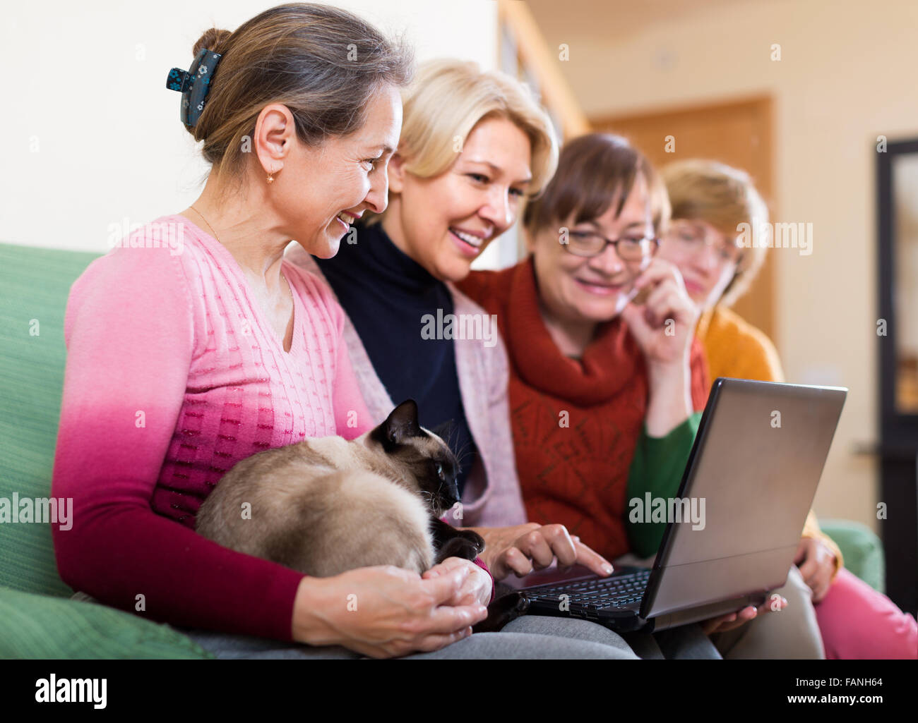 Positive smiling elderly women browsing web on laptop at home Stock ...