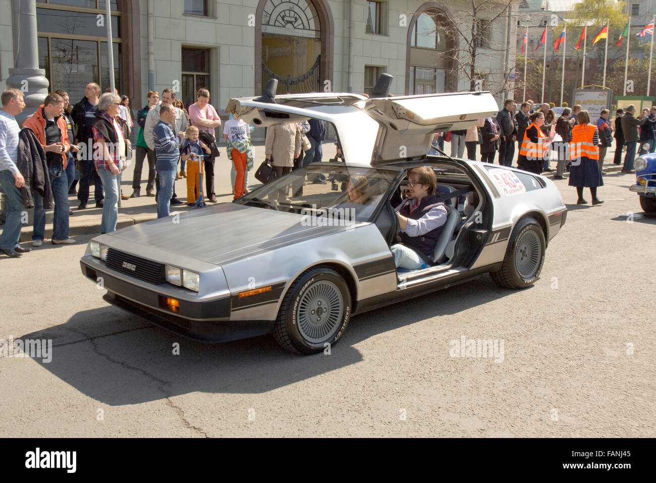 MOSCOW - APRIL 27, 2014: English retro car delorean on rally of ...