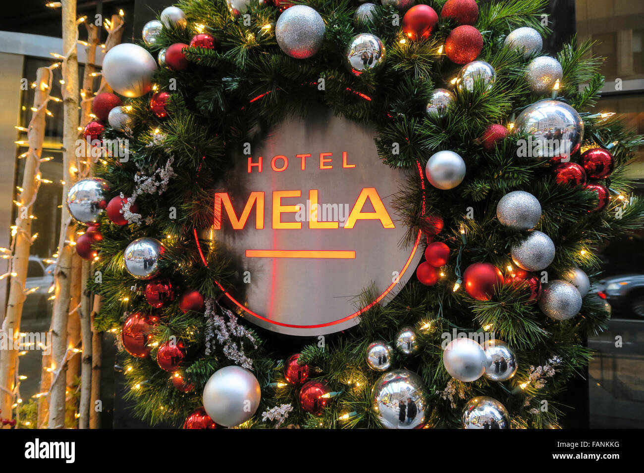 Hotel Mela Sign with Holiday Wreath, NYC Stock Photo - Alamy
