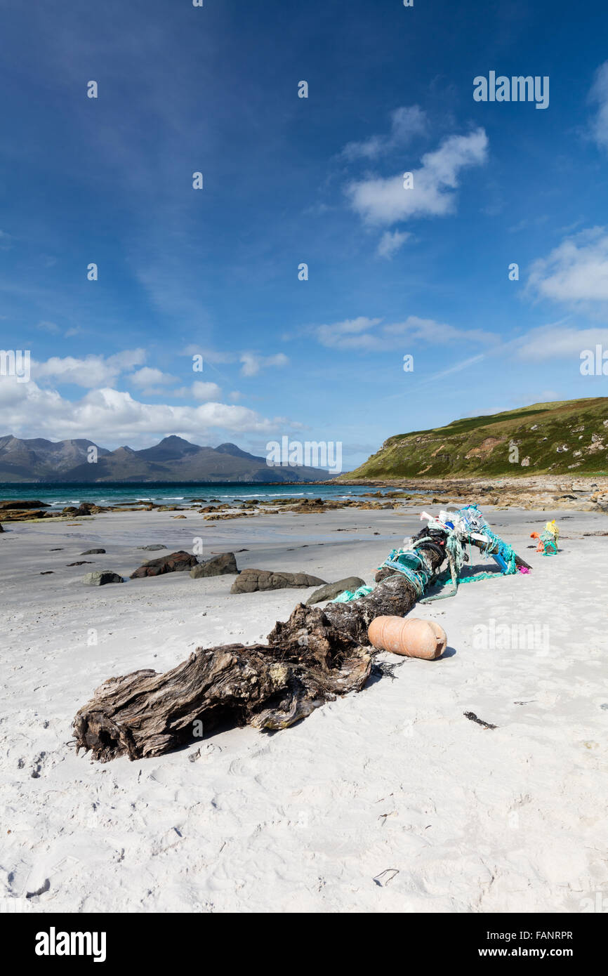 lost fishing nets washed up on a beach on the Isle of Eigg, Small Isles ...
