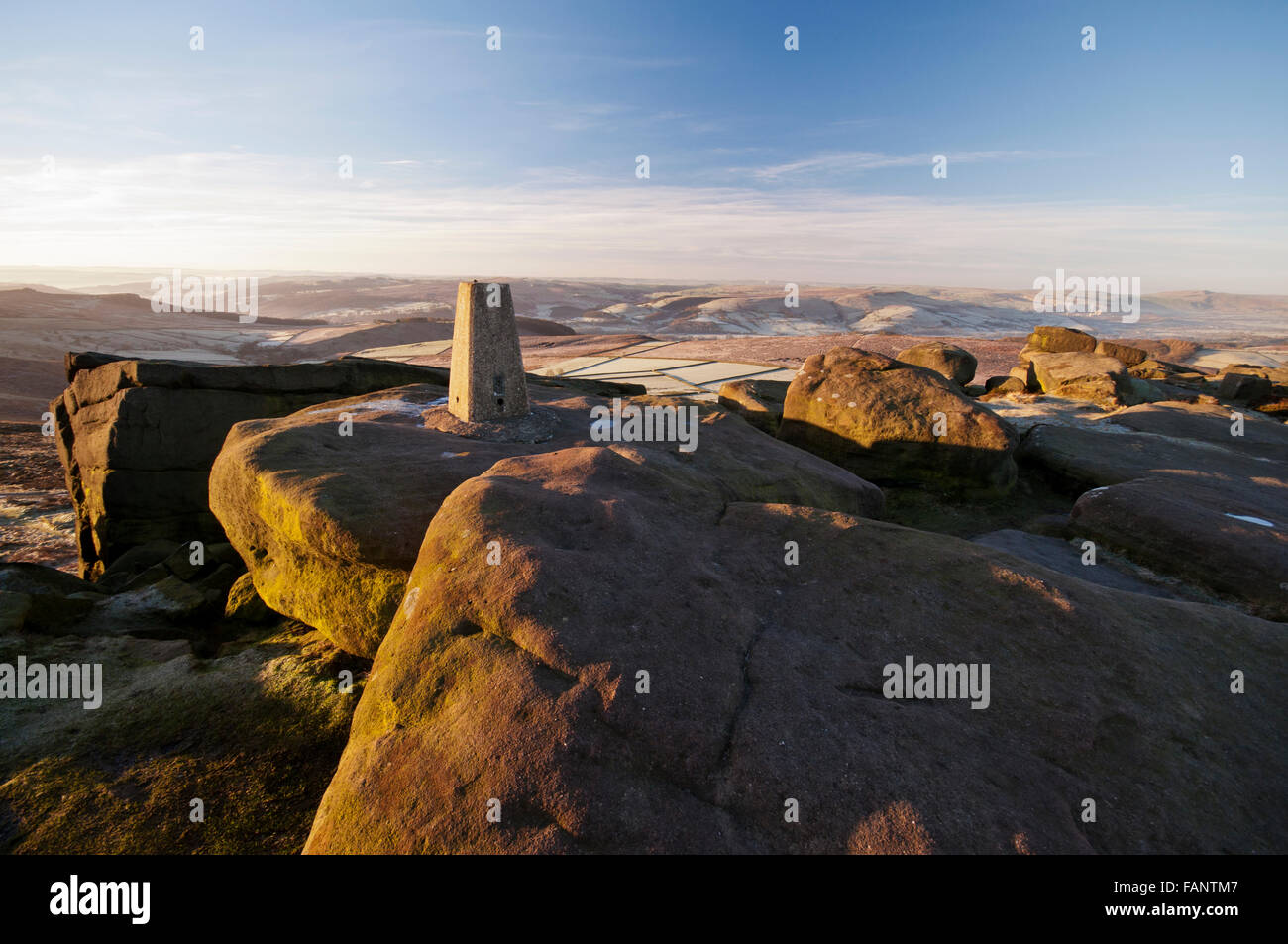 The trig point located at the southern end of Stanage Edge in the Peak ...