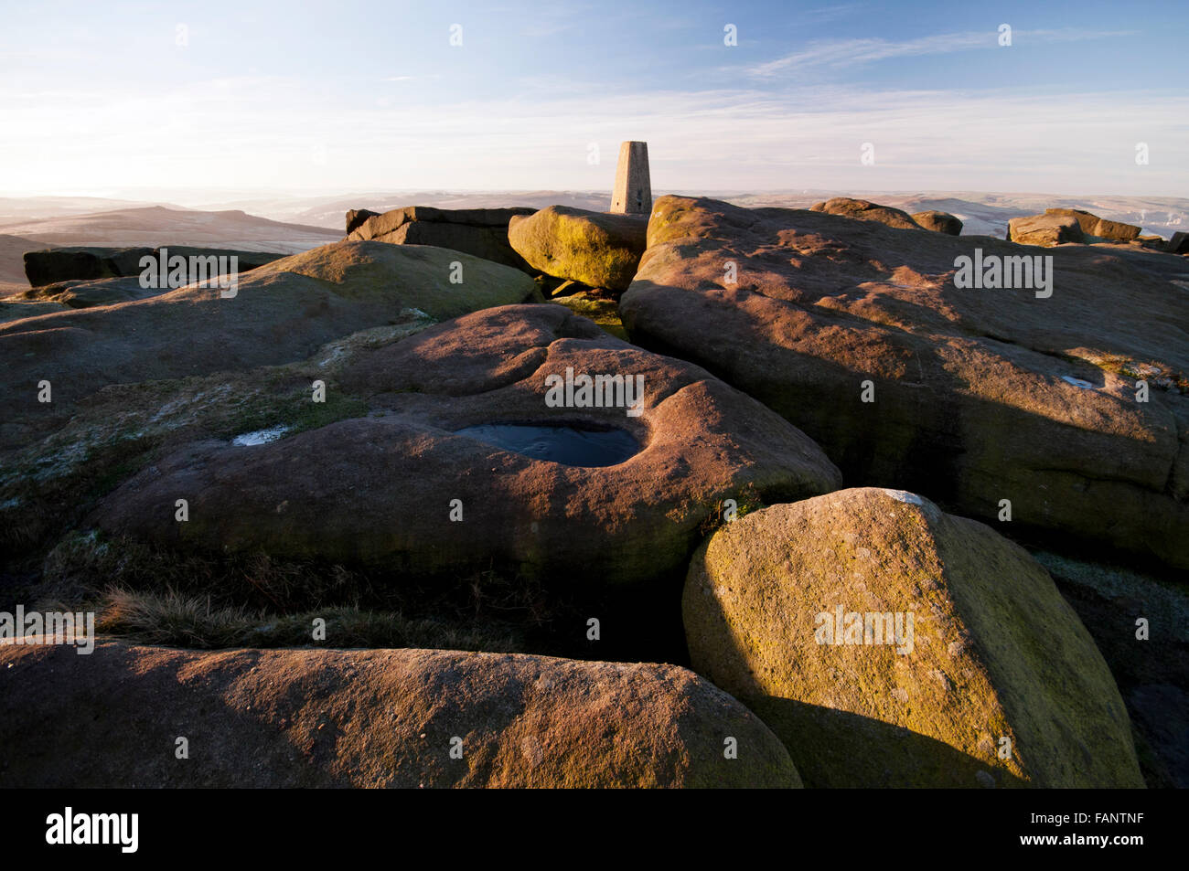 The trig point located at the southern end of Stanage Edge in the Peak ...