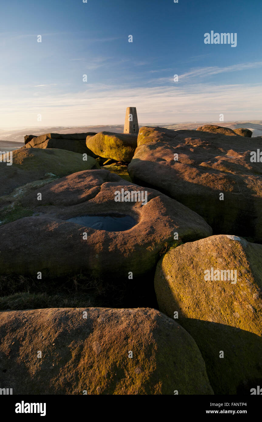 The trig point located at the southern end of Stanage Edge in the Peak ...