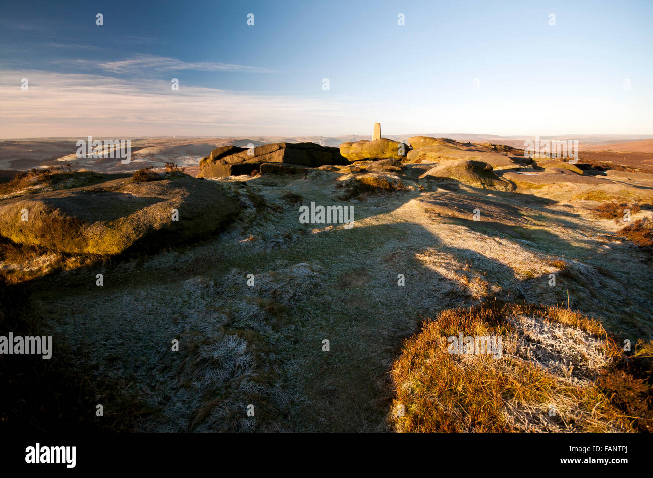 The trig point located at the southern end of Stanage Edge in the Peak ...