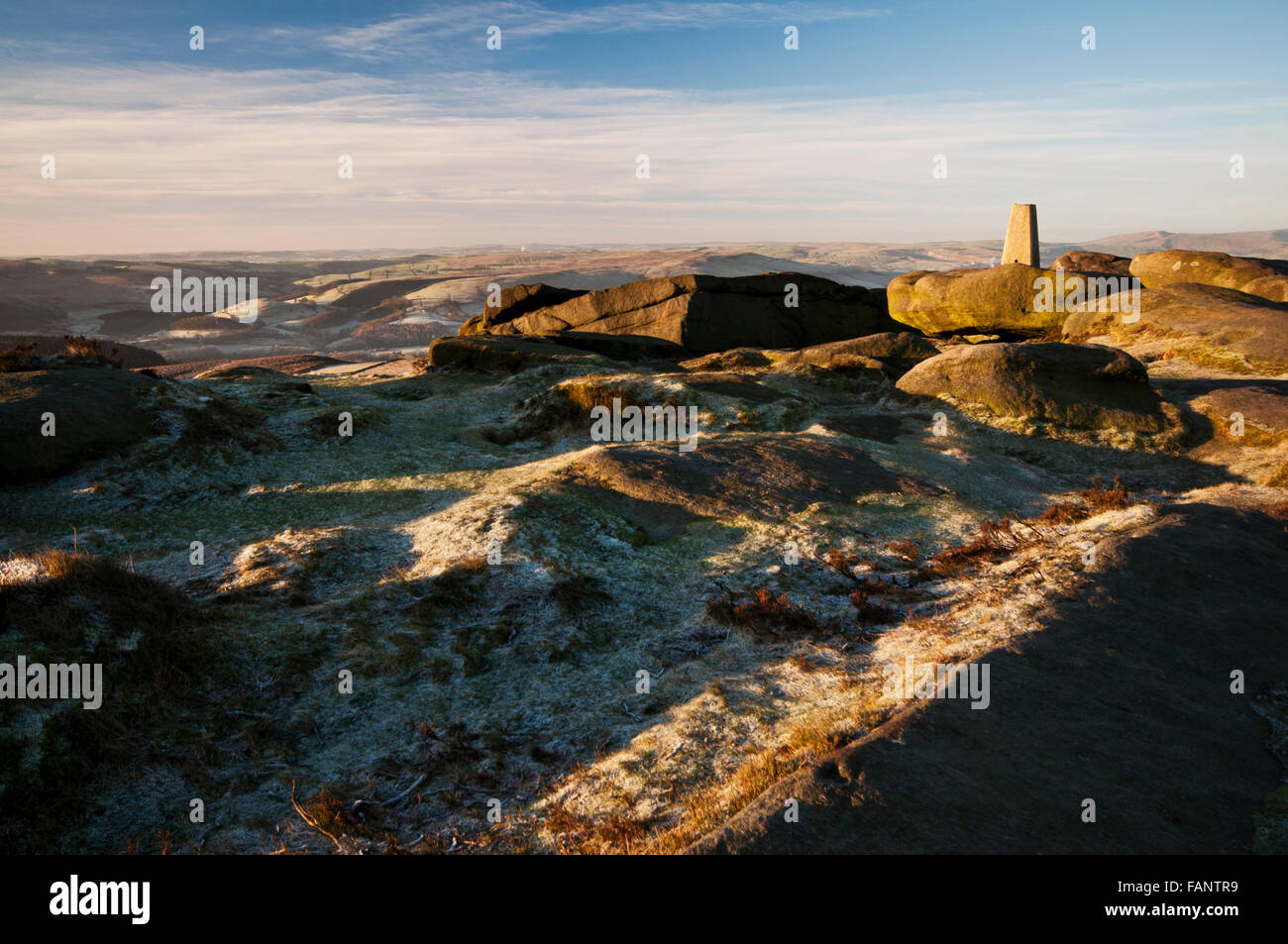 The trig point located at the southern end of Stanage Edge in the Peak ...