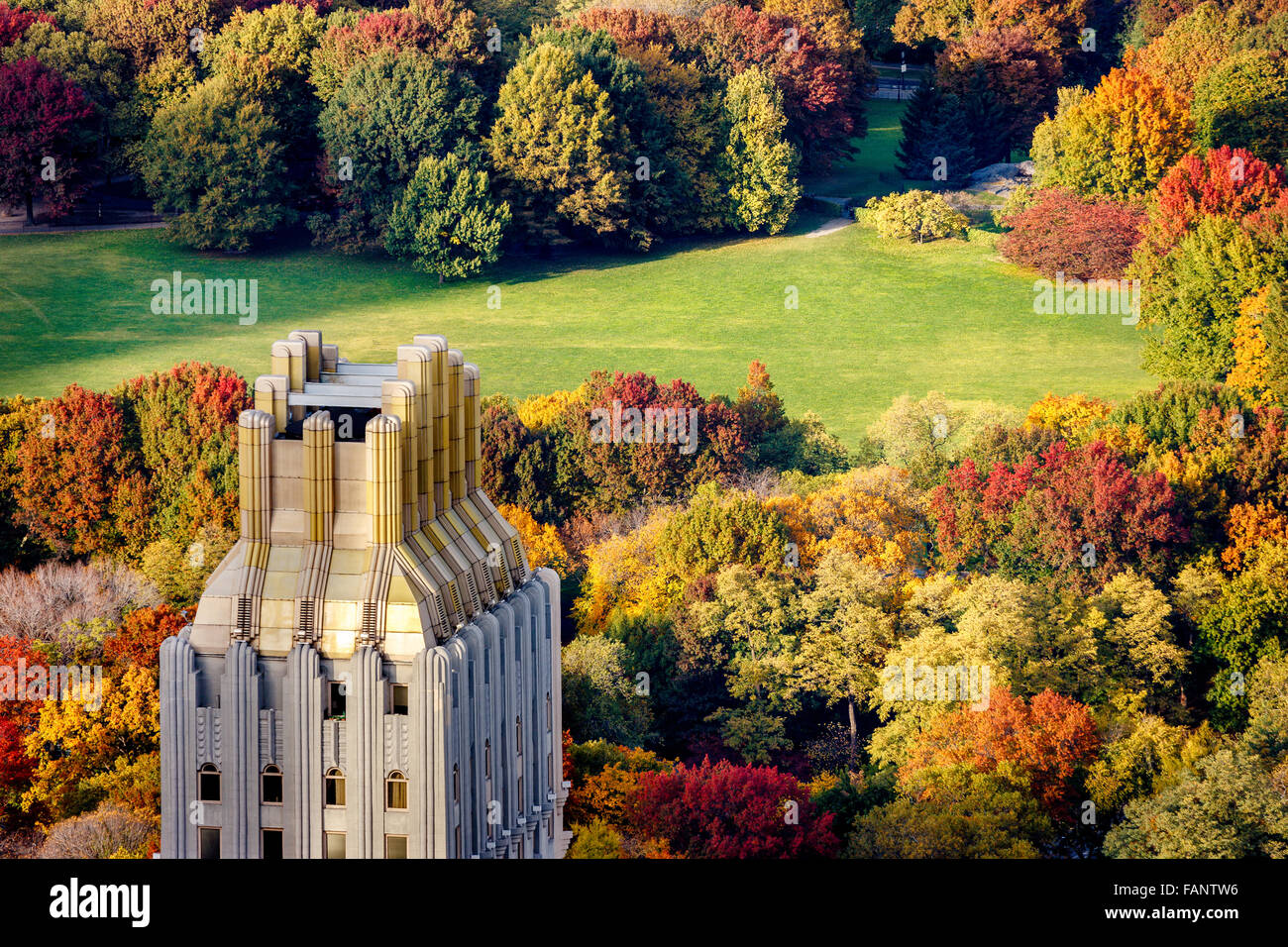 Aerial view of Central Park West Sheep Meadow in full autumn colors ...