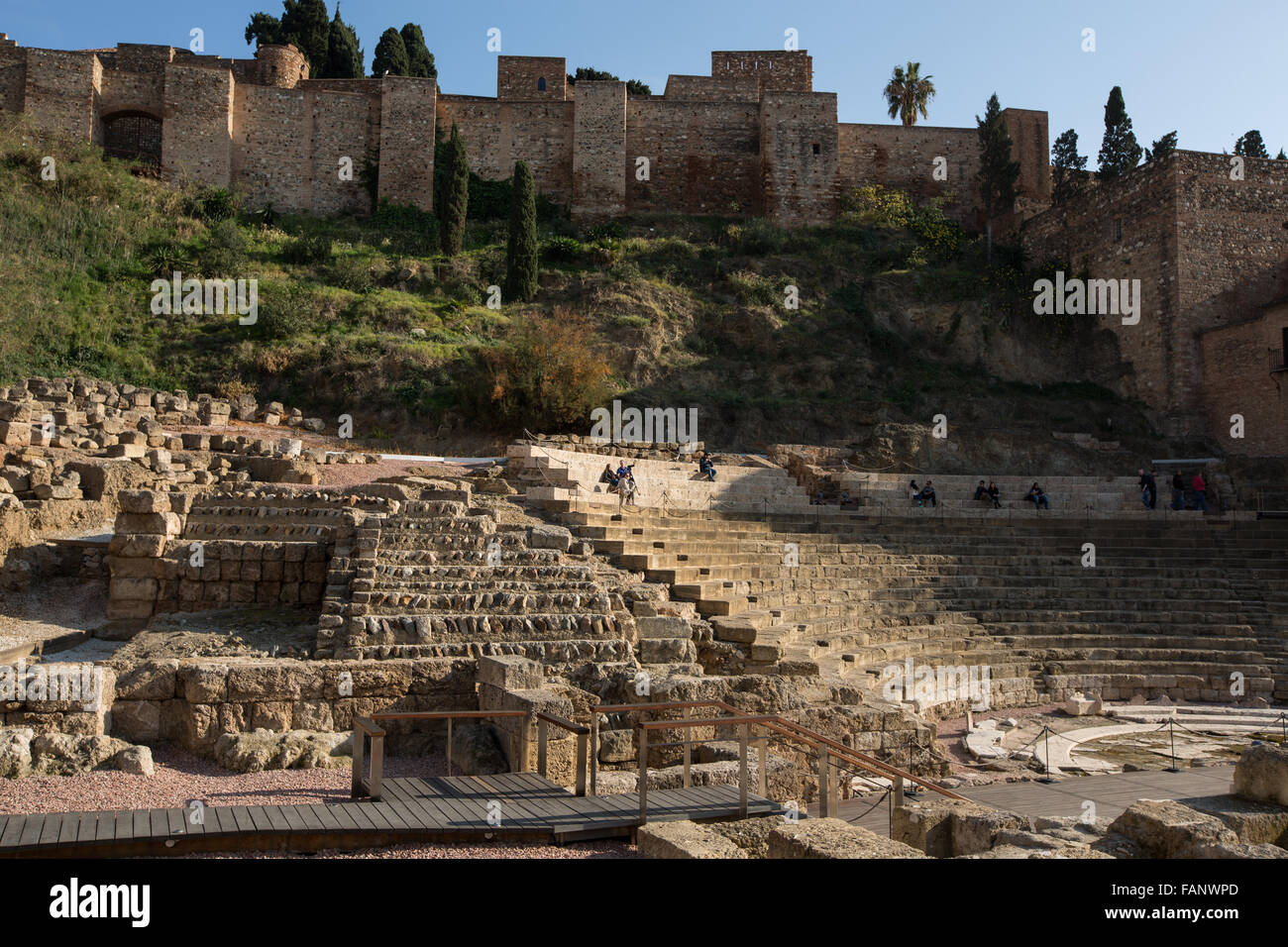 Roman amphitheatre and the Alcazaba, in Malaga, Andalusia, Spain ...