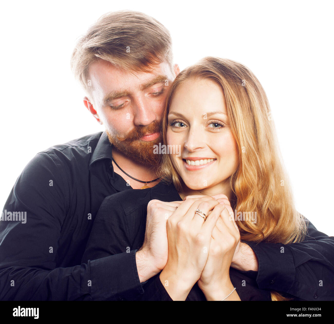 young tender couple, man and woman in love isolated on white Stock ...