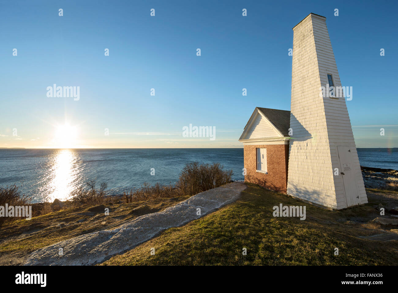A view of the Fog Bell House at Pemaquid Point in Bristol, Maine, USA ...