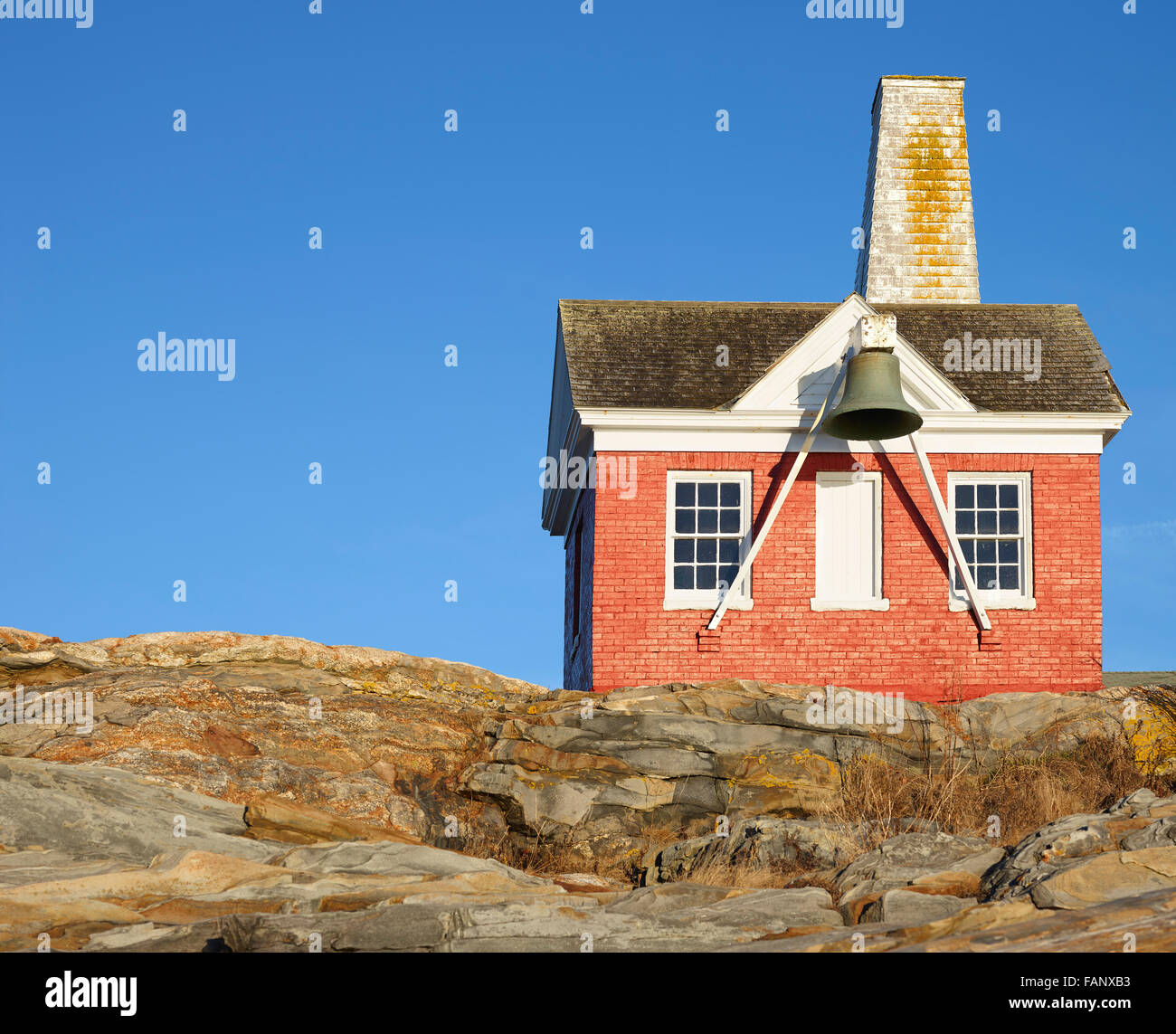 A view of the Fog Bell House at Pemaquid Point in Bristol, Maine, USA ...