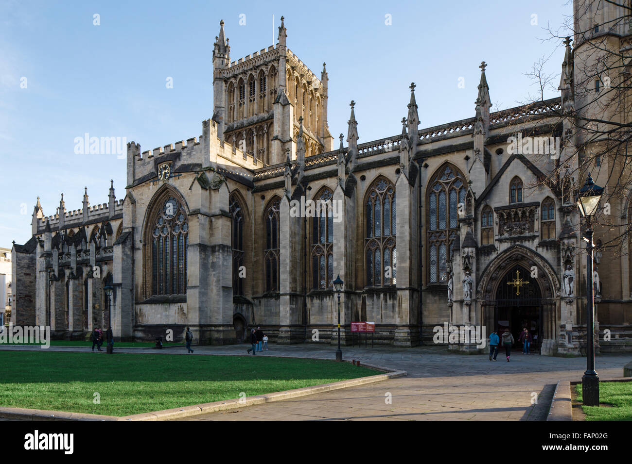 Bristol Cathedral, viewed from College Green in Bristol, UK. A medieval ...