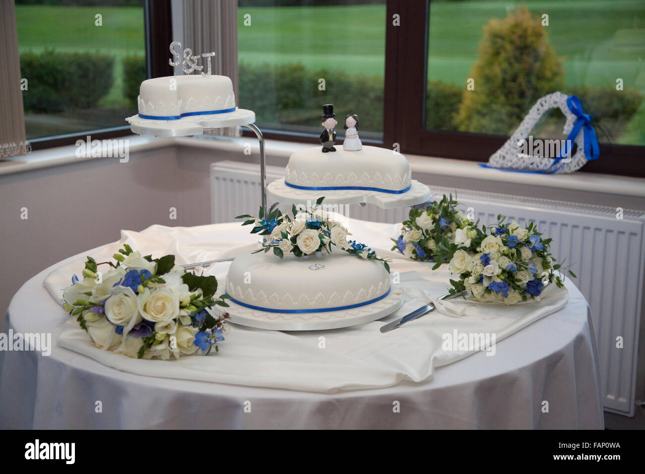 Wedding cake ready and waiting for the bride and groom to arrive Stock ...