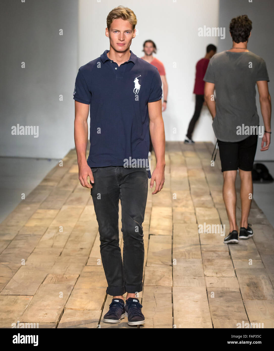 NEW YORK, NY - JULY 15, 2015: Jakob Bertelsen walks the runway during ...