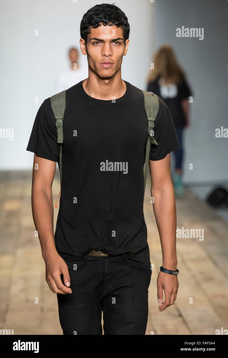 NEW YORK, NY - JULY 15, 2015: Geron McKinley walks the runway during ...
