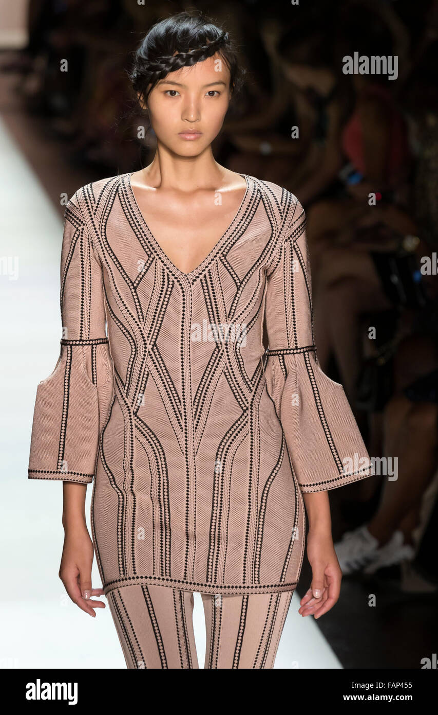 New York, NY - September 12, 2015: Lu Ping Wang walks the runway at the ...