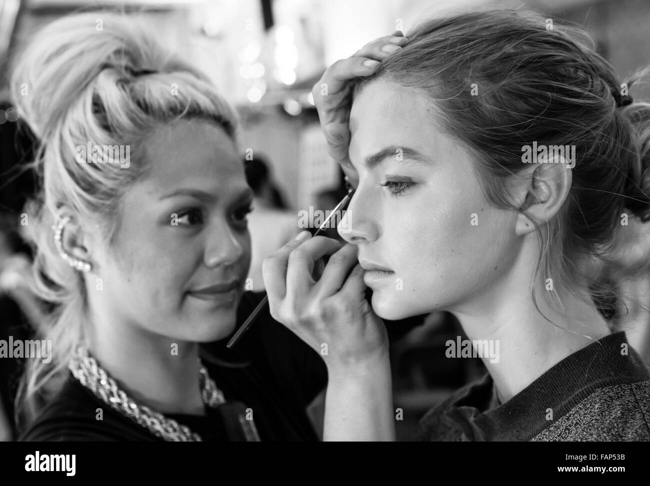 New York, NY - September 12, 2015: Georgie Perkins prepares backstage ...