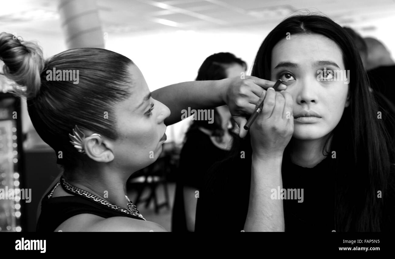 New York, NY - September 11, 2015: Li Wei prepares backstage for the ...