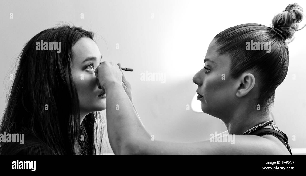 New York, NY - September 11, 2015: Li Wei prepares backstage for the ...