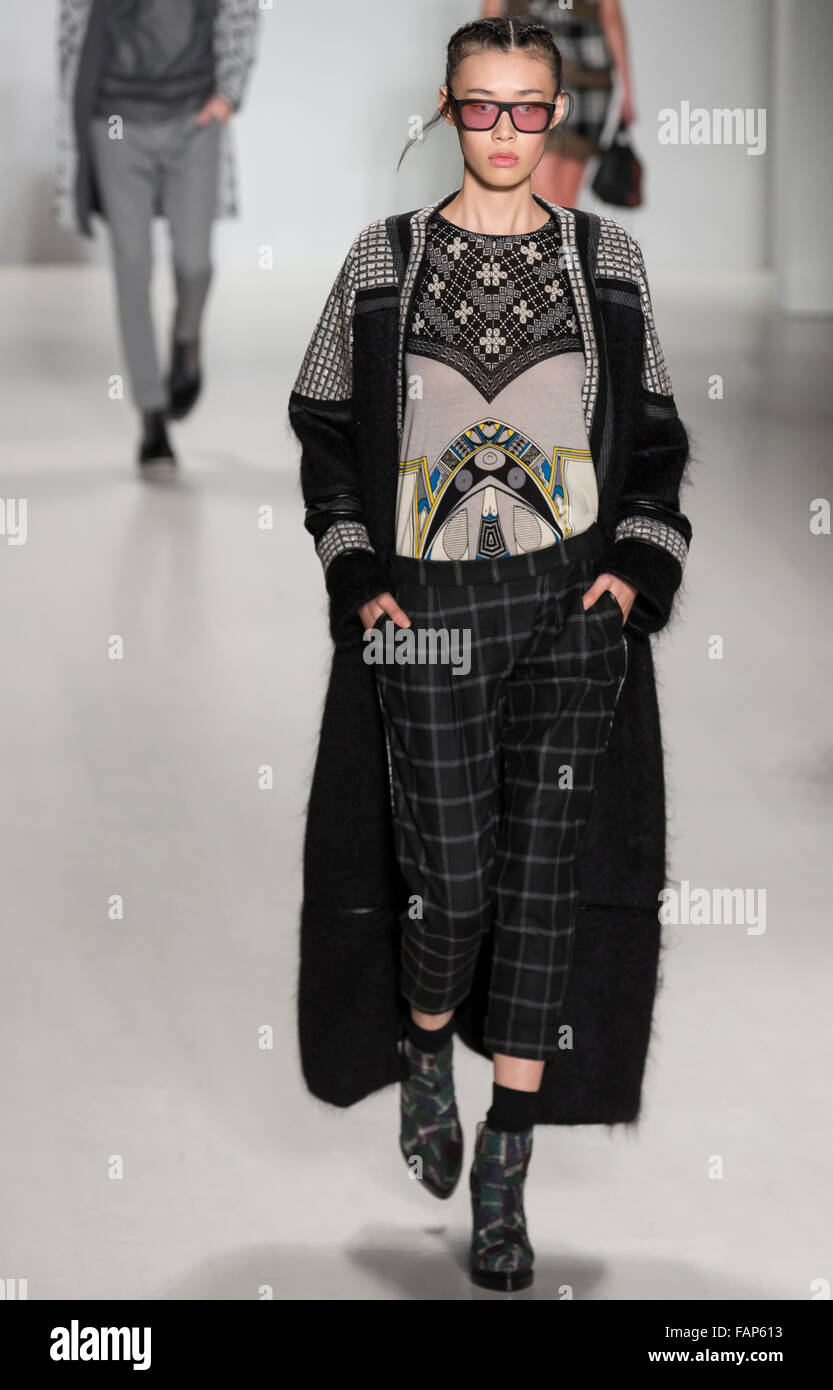 NEW YORK, NY - FEBRUARY 15, 2015: Meng Meng Wei walks the runway at the ...