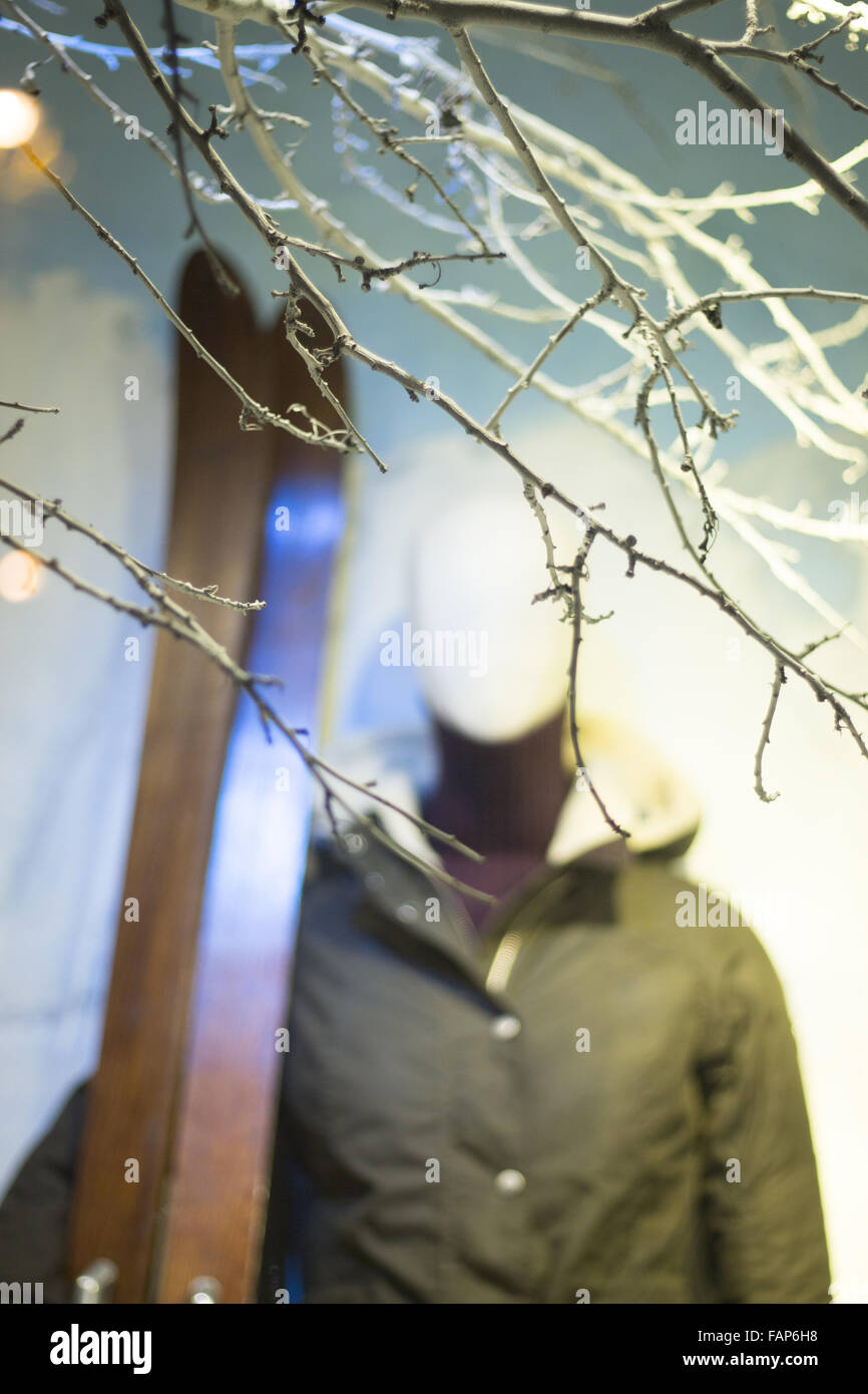 Vintage ski store window display skiing clothes and skis photo Stock ...