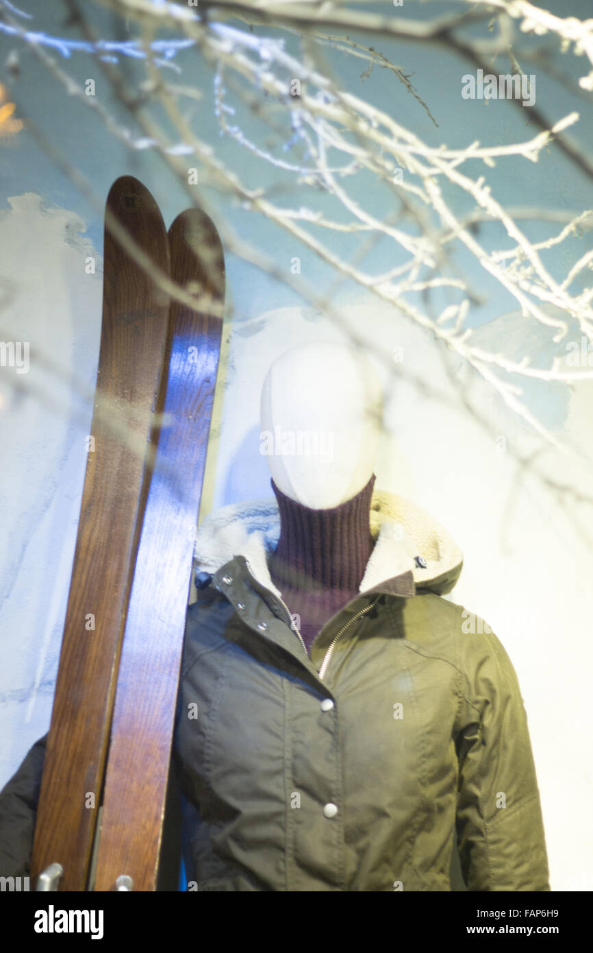 Vintage ski store window display skiing clothes and skis photo Stock ...