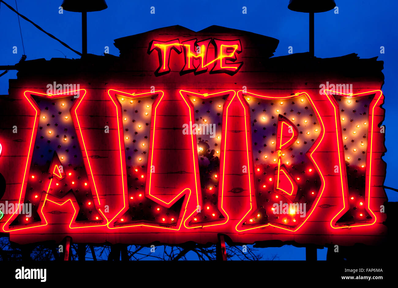 Neon sign for the ALIBI restaurant and bar, an icon of Portland, Oregon ...