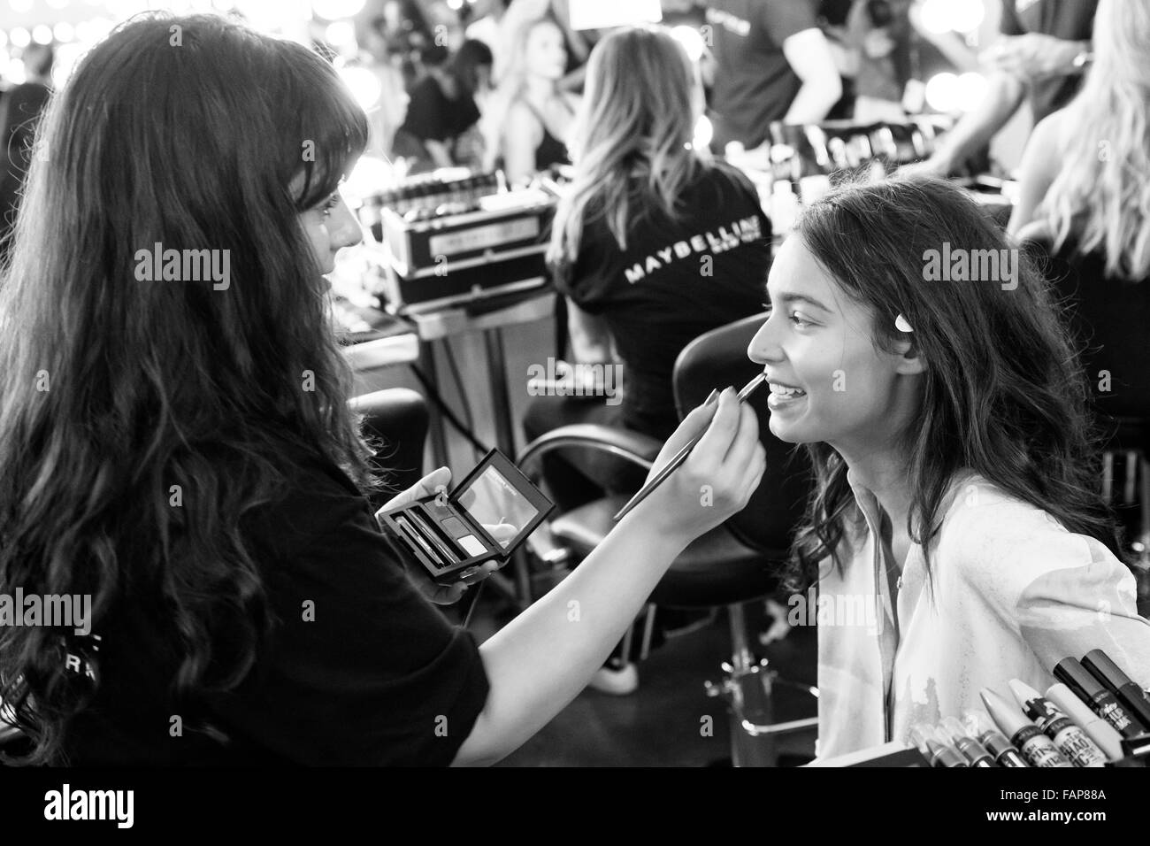 New York, NY - September 11, 2015: Rea Saint-Helena prepares backstage ...
