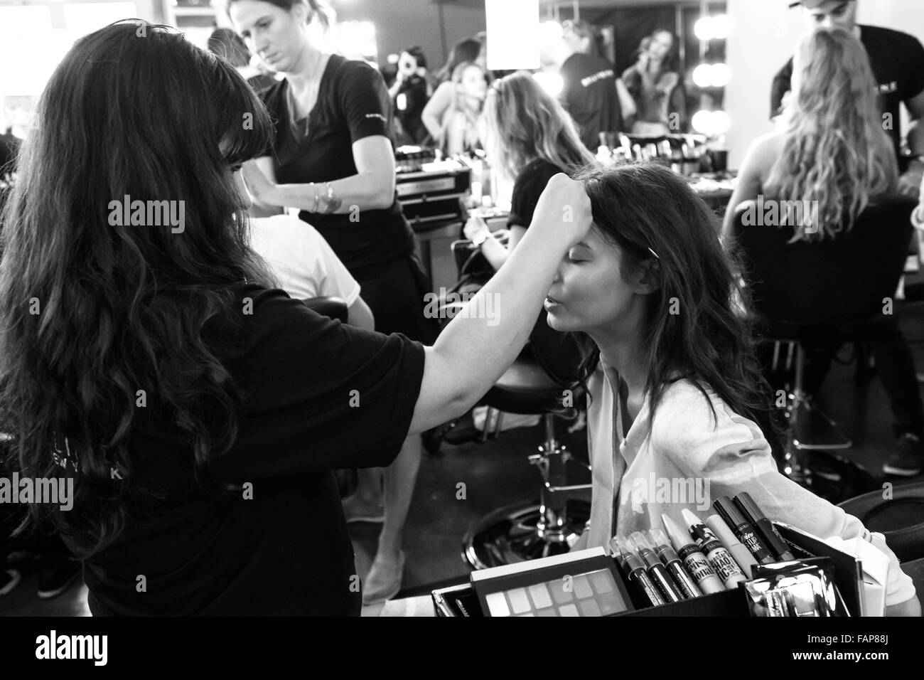 New York, NY - September 11, 2015: Rea Saint-Helena prepares backstage ...
