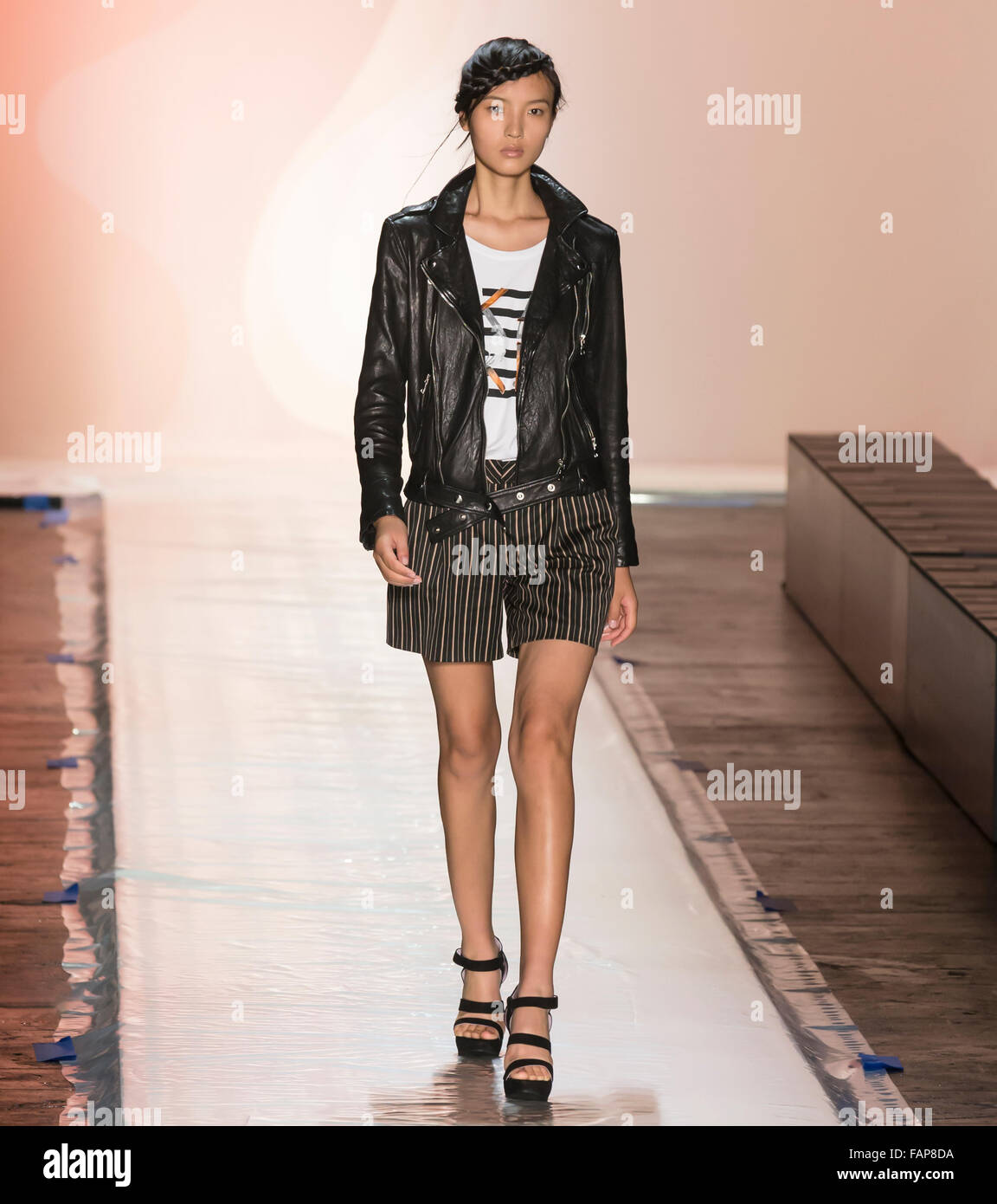 New York, NY - September 12, 2015: Lu Ping Wang walks the runway at ...