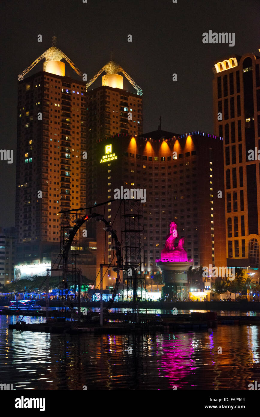 Night view of high rises by Love River in downtown Kaohsiung, Taiwan ...