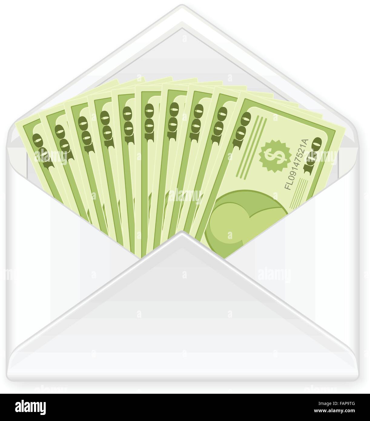 Open envelope containing dollar banknotes on a white background. Vector ...