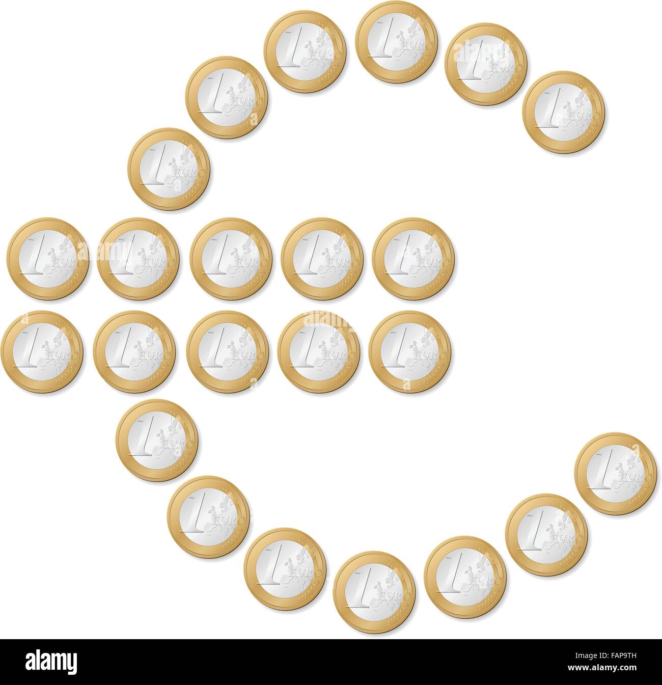 Euro symbol formed by one euro coins isolated on a white background ...