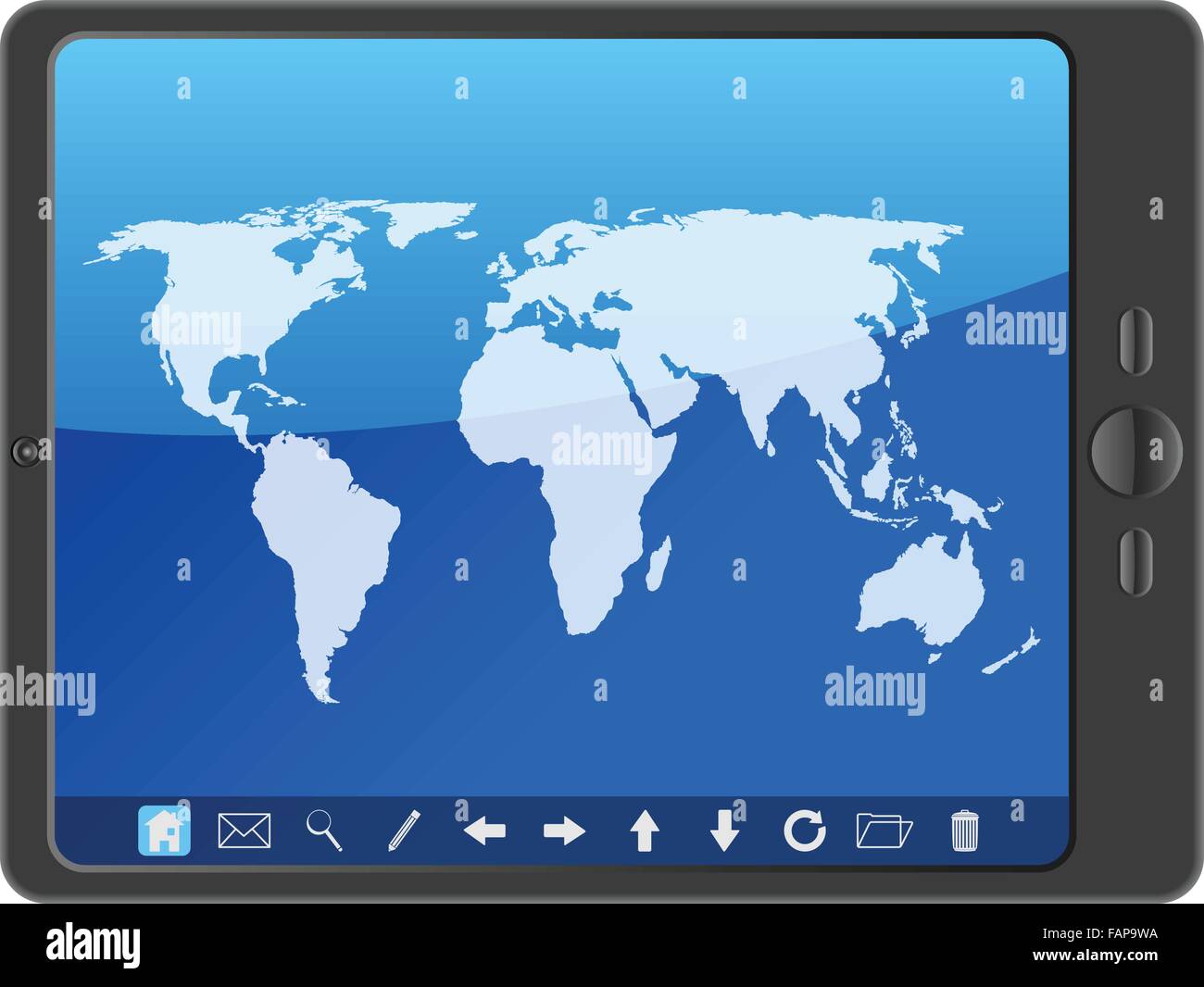 Tablet computer with world map on a white background. Vector ...