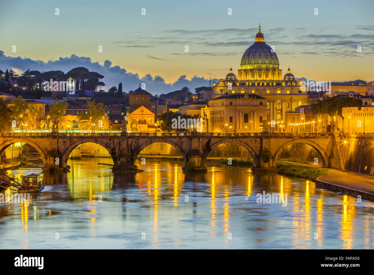 St. Peter's Basilica and St. Angelo Bridge by the Fiume Tevere River ...