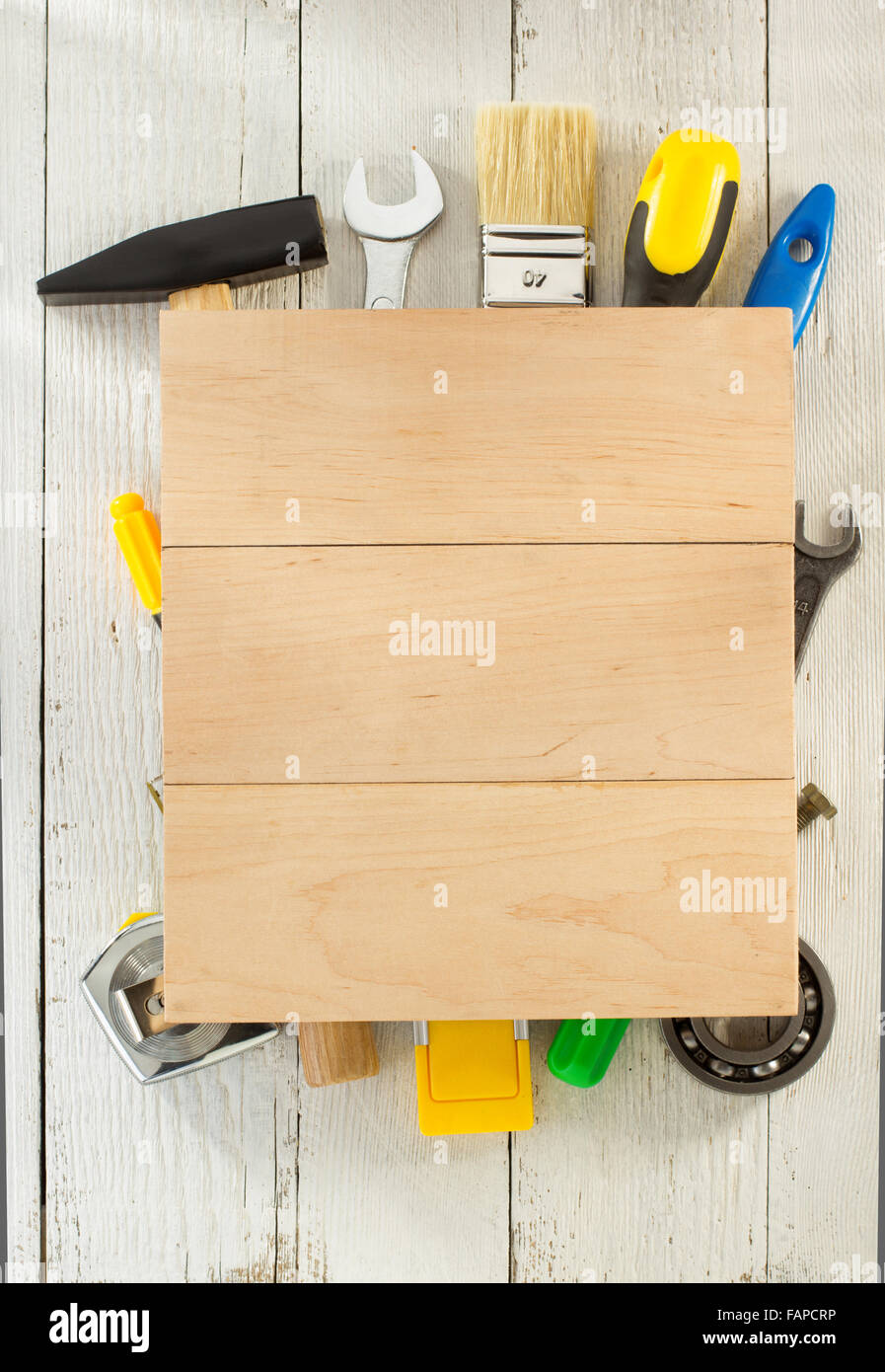 set of tools and instruments on wooden background Stock Photo - Alamy