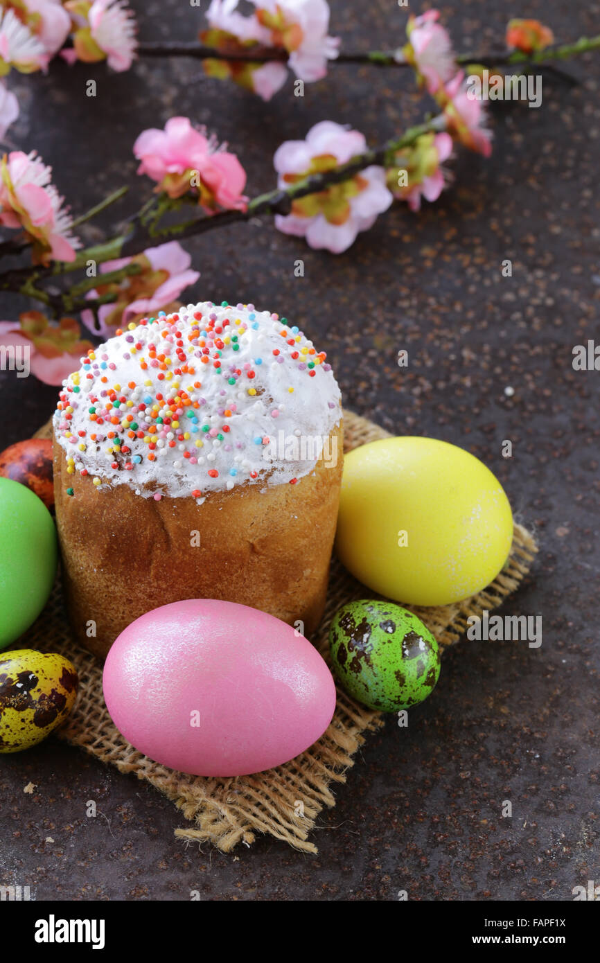 Easter symbol painted colorful eggs and panettone Stock Photo - Alamy