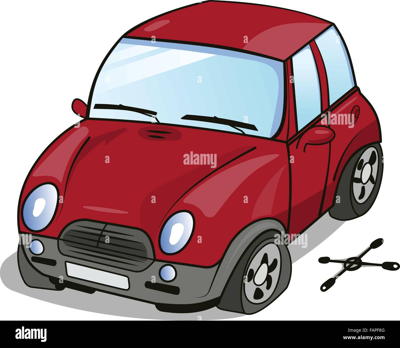 Vector cartoon illustration of a small red car with a broken wheel and ...