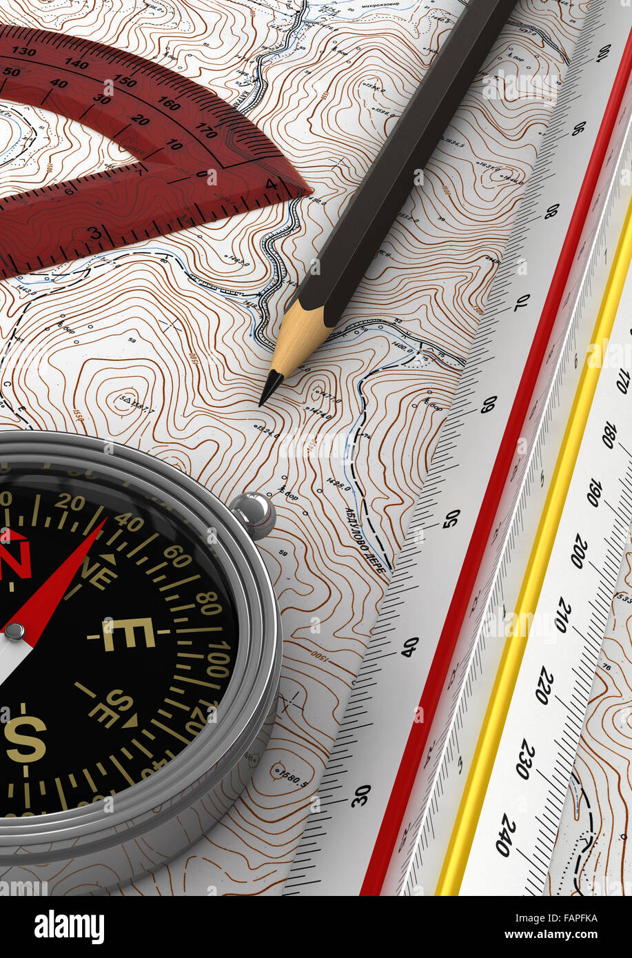 3d render of engineering tools over topographic map Stock Photo - Alamy