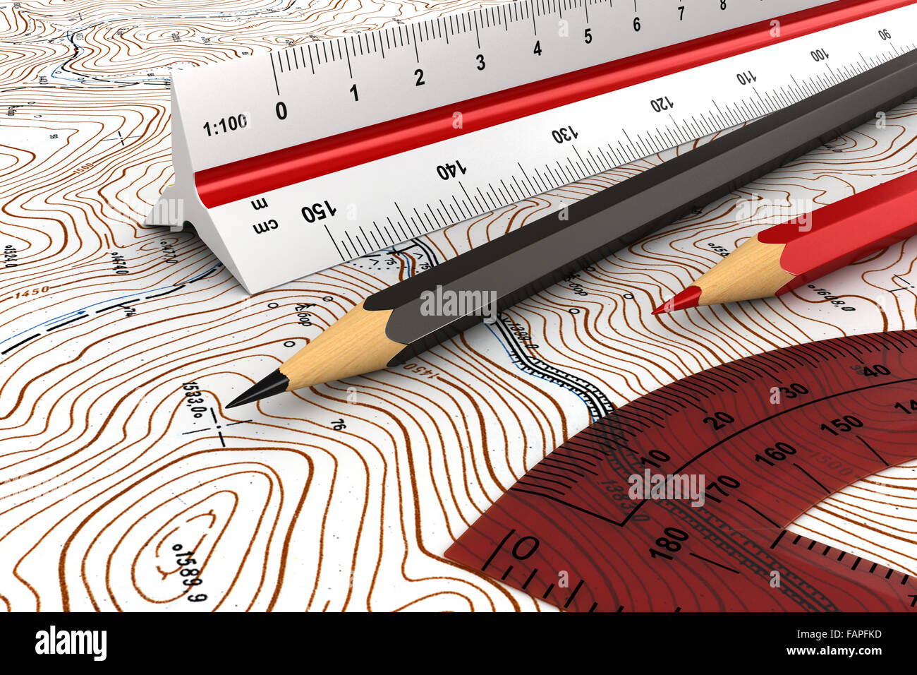3d render of engineering tools over topographic map Stock Photo - Alamy