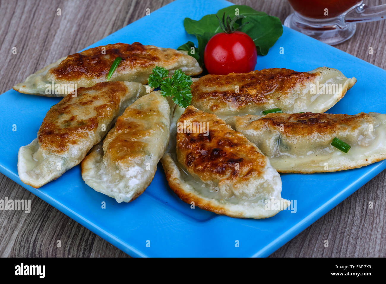 Japanese cousine - Gyoza dumplings served green onion and cherry tomato ...