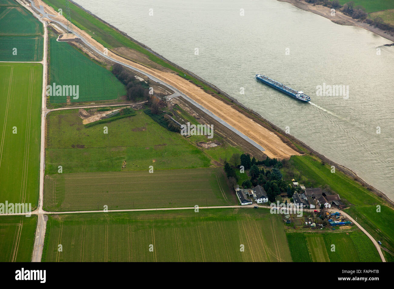 Aerial view, bowery, dike renovation, dikes, bank of the Rhine, flood ...
